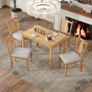 EMKK 5-Piece Set, Wooden Rectangular Kitchen Dinner Breakfast Table and 4 Chairs for 2-4 Person, Dining Room Furniture, Space-Saving Design, Natural