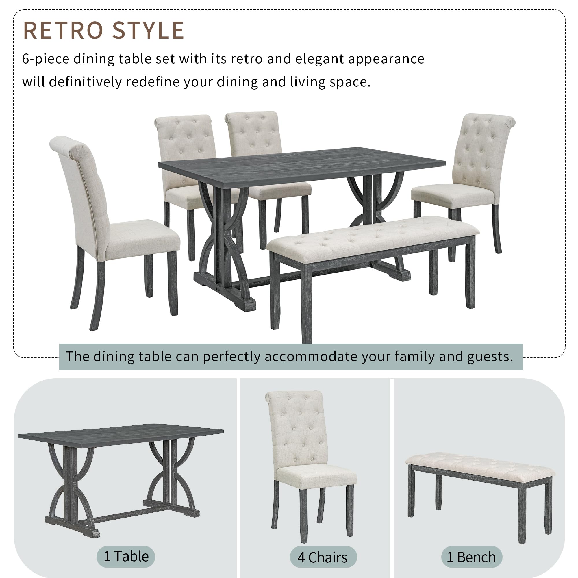 HZXINKEDZSW 6-Piece Retro Dining Table Set,Wood Rectangular Table with Unique Legs and 4 Upholstered Chairs & 1 Bench for Dining Room Living Room,Kitchen Table Set for 6 (Gray Wash-59.8" L)