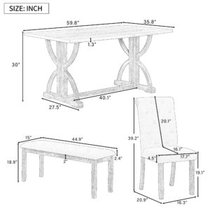 HZXINKEDZSW 6-Piece Retro Dining Table Set,Wood Rectangular Table with Unique Legs and 4 Upholstered Chairs & 1 Bench for Dining Room Living Room,Kitchen Table Set for 6 (Gray Wash-59.8" L)