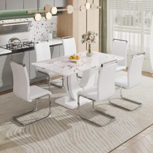 hohoedc Modern White Marble Dining Table Set for 6,7 Piece Rectangle Dining Room Table Set &6 Pu Leather Upholstered Chairs,Big Kitchen Dining Table for 6-8 with MDF Base for Kitchen Dining Room…