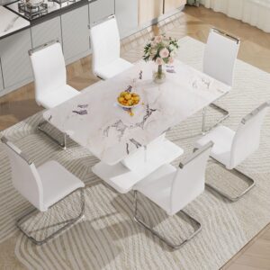 hohoedc Modern White Marble Dining Table Set for 6,7 Piece Rectangle Dining Room Table Set &6 Pu Leather Upholstered Chairs,Big Kitchen Dining Table for 6-8 with MDF Base for Kitchen Dining Room…