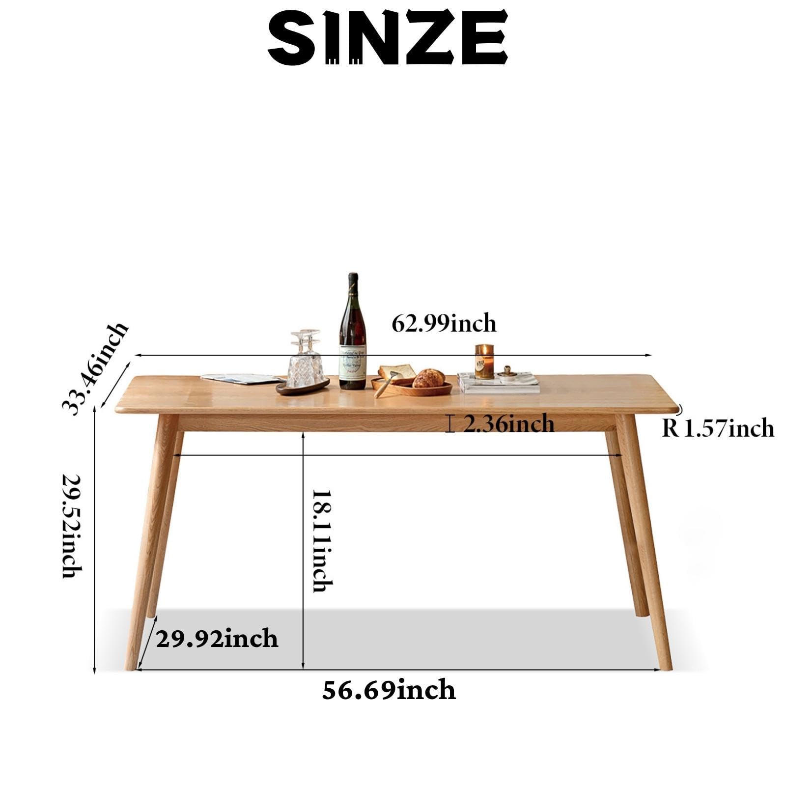 Grewood 100% Solid Oak Wood Dining Table - Mid Century Modern Dining Table - Wood Dining Table Seats 4-6 People - Wood Table for Kitchen, Office (Natural Color, 63inch)