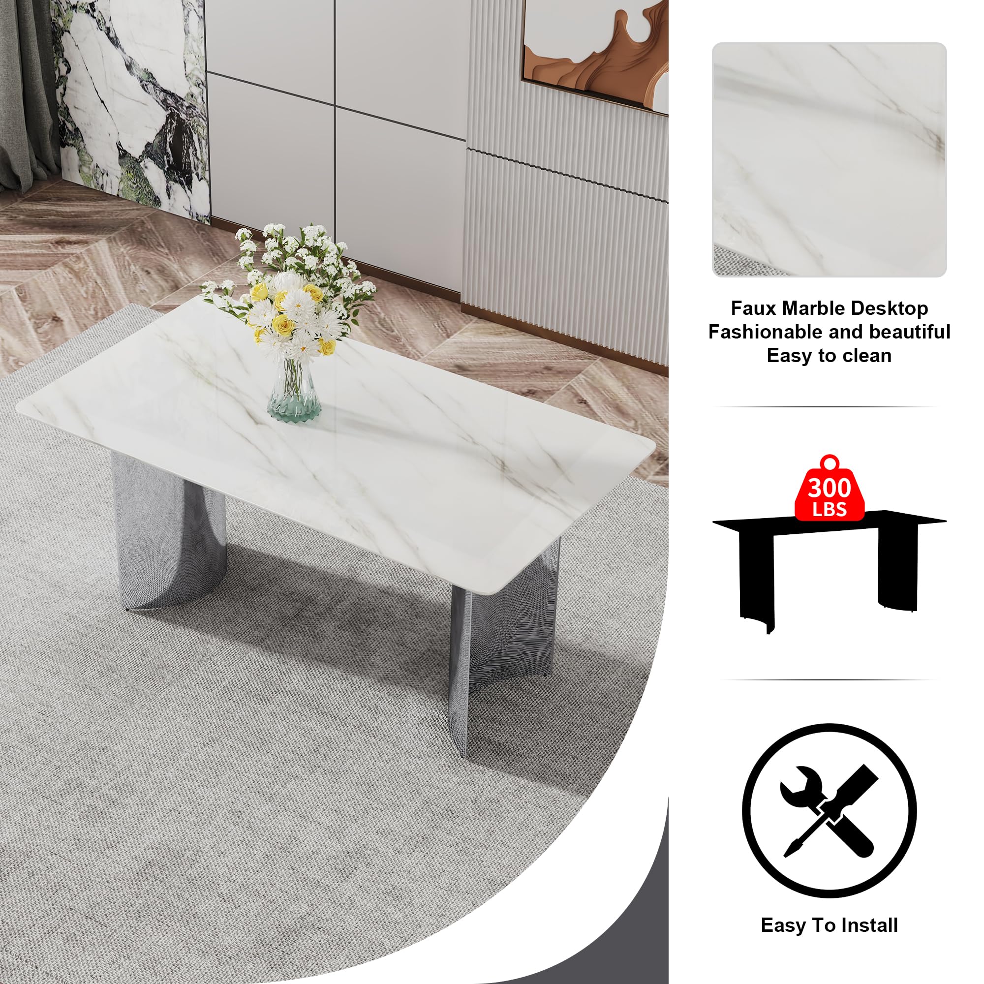 Luxury White Faux Marble Dining Table Set for 6, Modern 63" Long Faux Marble Kitchen Table with 6 Grey PU Leather Dining Chairs, 7-Piece Dining Kitchen Table and Chairs Set for 6