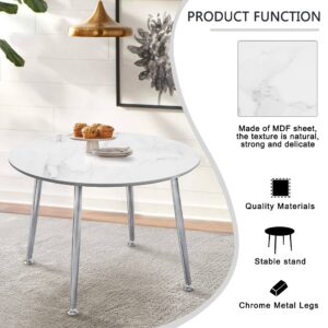 Pvillez 45" Round Dining Table, Faux Marble Kitchen Dining Room Table for 4, Modern Circle Dining Table with 0.3" White Marble Imitation Tabletop and Silver Metal Legs for Dining Room Kitchen