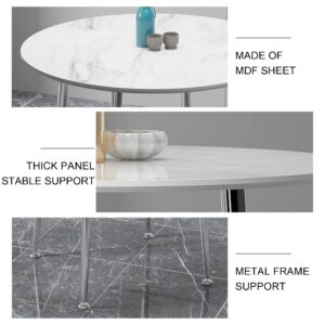 Pvillez 45" Round Dining Table, Faux Marble Kitchen Dining Room Table for 4, Modern Circle Dining Table with 0.3" White Marble Imitation Tabletop and Silver Metal Legs for Dining Room Kitchen