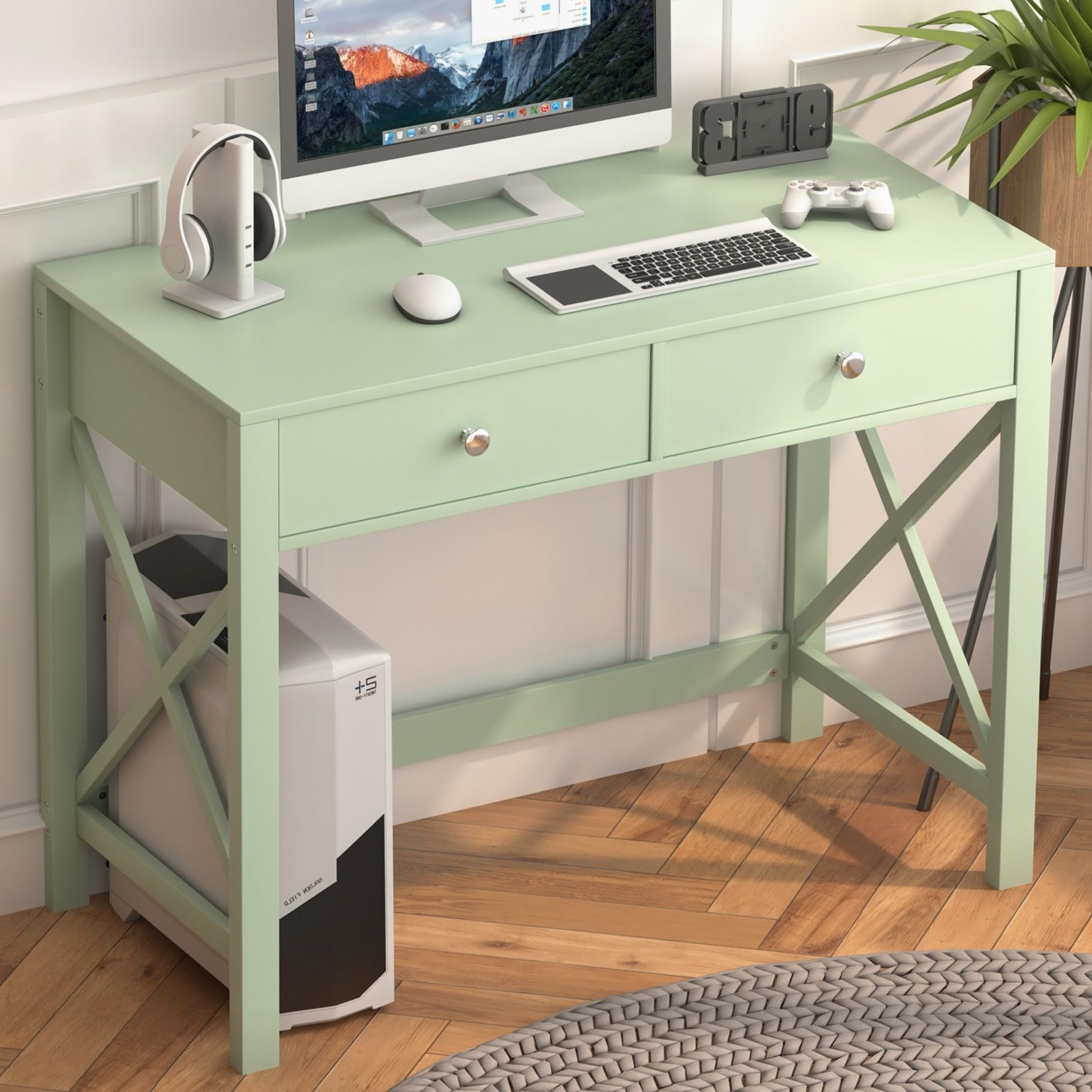 WiberWi Home Office Desk with Drawers, Small Writing Computer Desk for Bedroom, Modern Green Makeup Vanity Table Desk for Girls, Study Table for Home Office