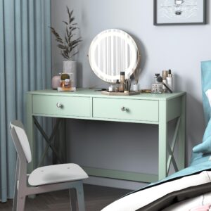 WiberWi Home Office Desk with Drawers, Small Writing Computer Desk for Bedroom, Modern Green Makeup Vanity Table Desk for Girls, Study Table for Home Office