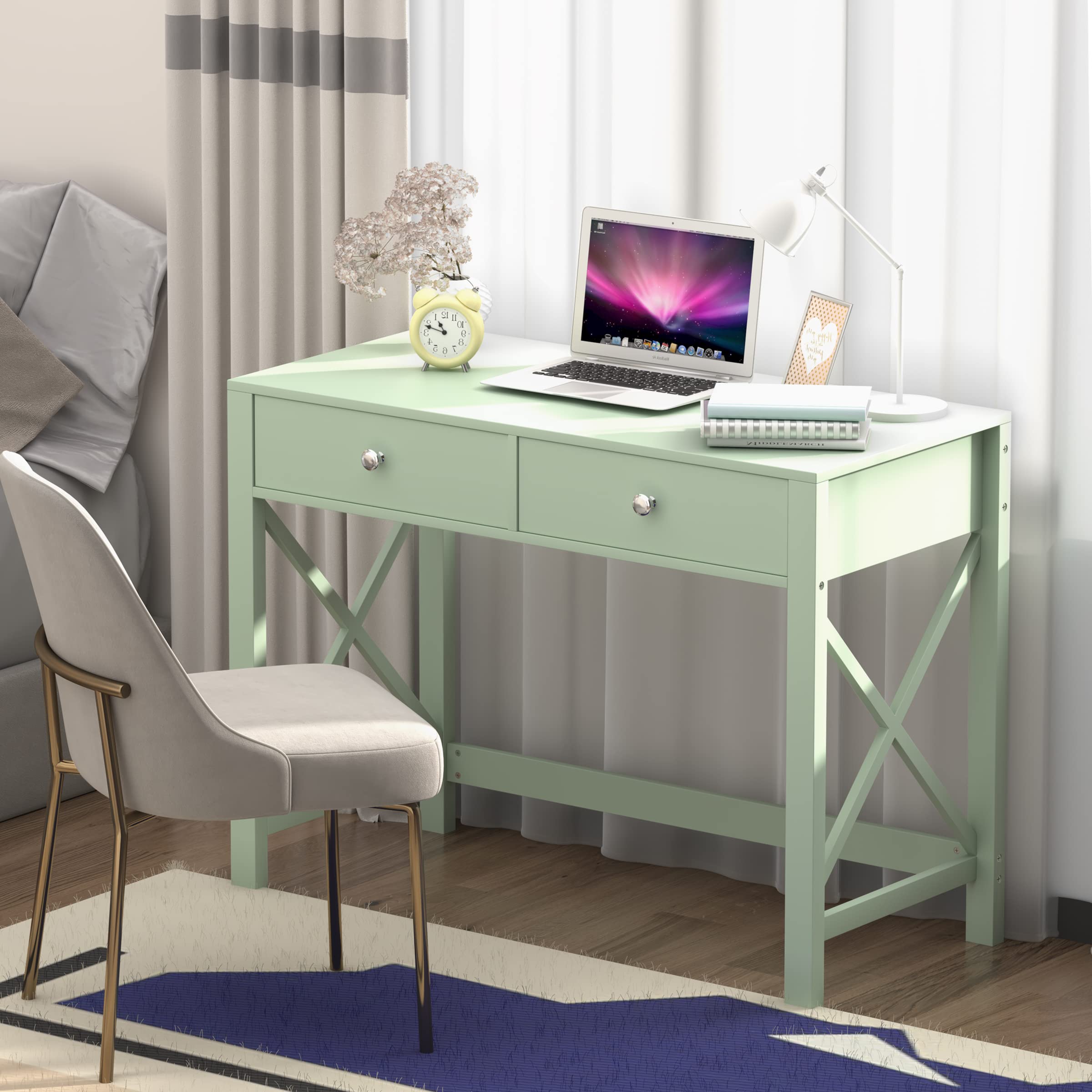 WiberWi Home Office Desk with Drawers, Small Writing Computer Desk for Bedroom, Modern Green Makeup Vanity Table Desk for Girls, Study Table for Home Office