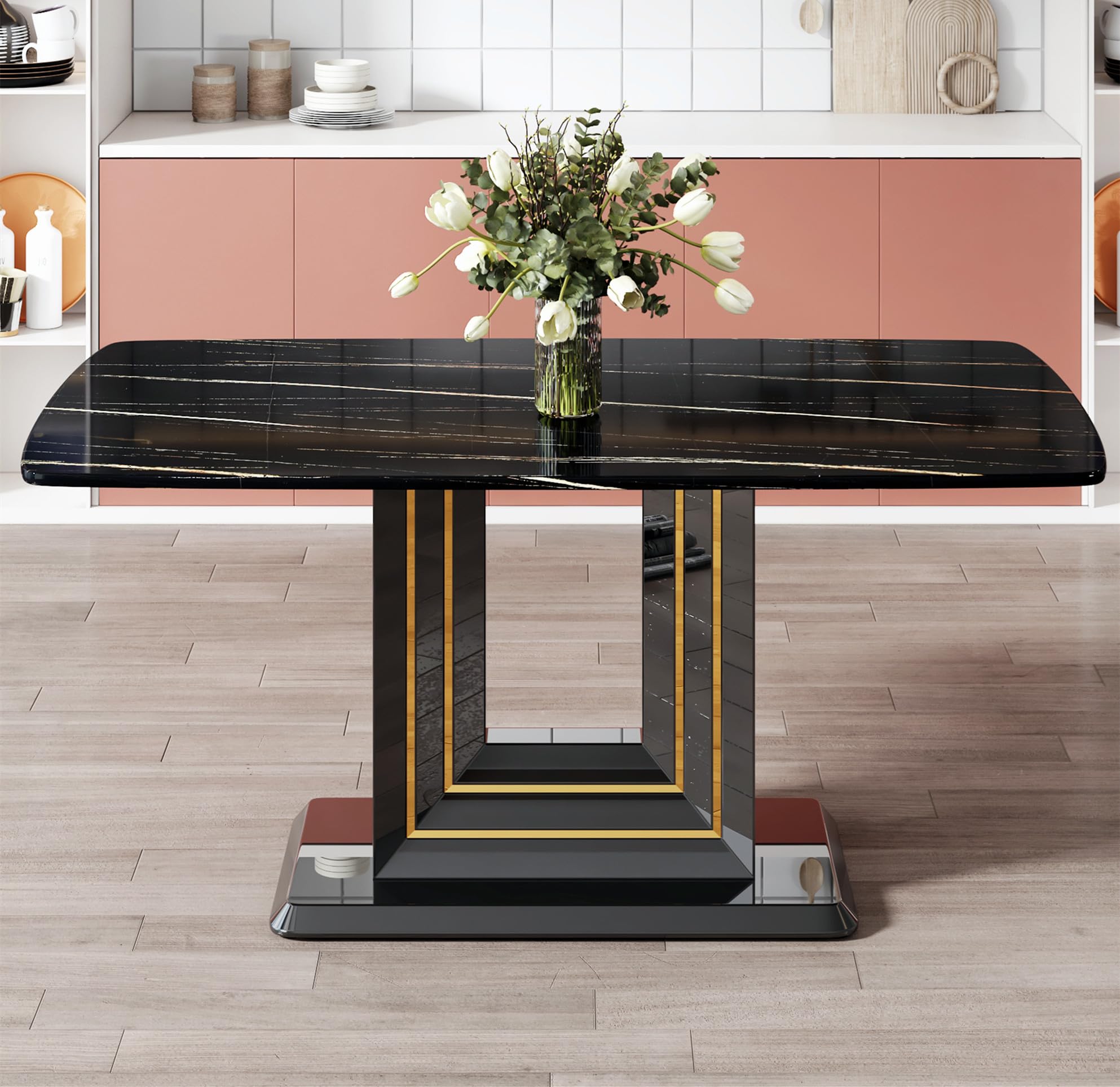 Maotifeys Luxury Faux Marble Dining Table for 6 Rectangular Kitchen Table with Black Gold Pedestal Base Elegant Black Marble Dinner Table for 4-6 People in Kitchen Dining Room Office