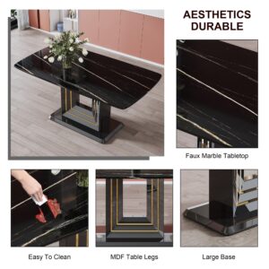 Maotifeys Luxury Faux Marble Dining Table for 6 Rectangular Kitchen Table with Black Gold Pedestal Base Elegant Black Marble Dinner Table for 4-6 People in Kitchen Dining Room Office