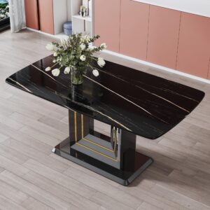 Maotifeys Luxury Faux Marble Dining Table for 6 Rectangular Kitchen Table with Black Gold Pedestal Base Elegant Black Marble Dinner Table for 4-6 People in Kitchen Dining Room Office