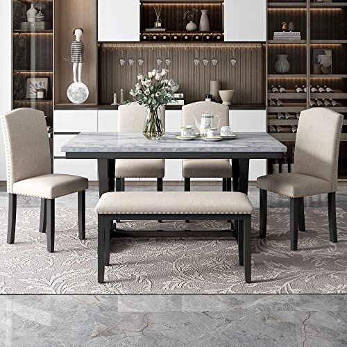 WOZNLA Modern Style 6-Piece Dining Table 6-Rectangular Marbled Veneers Tabletop, V-Shaped Legs, 4 Chairs, 1 Bench with Padded Cushion, Ideal Living Room Furniture Set, White, OneSize