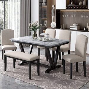 WOZNLA Modern Style 6-Piece Dining Table 6-Rectangular Marbled Veneers Tabletop, V-Shaped Legs, 4 Chairs, 1 Bench with Padded Cushion, Ideal Living Room Furniture Set, White, OneSize