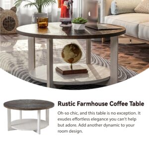 COZAYH Round Wood Coffee Tables with Storage, Rustic Farmhouse Coffee Table with Distressed Wood Top, Large Circle Table for Living Room, Brown, 32Dx32Wx19.5H in