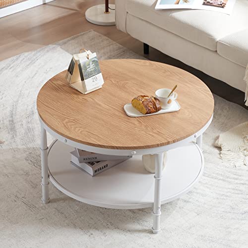 VINGLI 31.5" Natural White Round Farmhouse Coffee Table, 2-Tier Storage Wood Center Circle Accent Table for Living Room, Bedroom, Apartment, Studio and Small Spaces, Sturdy Metal Frame, Natural Color