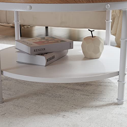 VINGLI 31.5" Natural White Round Farmhouse Coffee Table, 2-Tier Storage Wood Center Circle Accent Table for Living Room, Bedroom, Apartment, Studio and Small Spaces, Sturdy Metal Frame, Natural Color