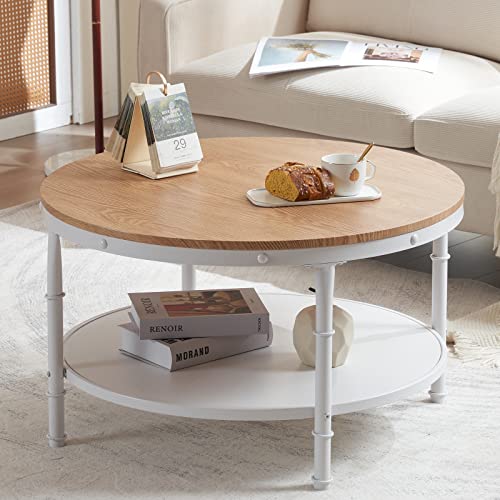 VINGLI 31.5" Natural White Round Farmhouse Coffee Table, 2-Tier Storage Wood Center Circle Accent Table for Living Room, Bedroom, Apartment, Studio and Small Spaces, Sturdy Metal Frame, Natural Color