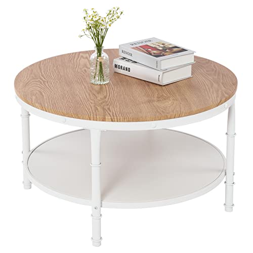 VINGLI 31.5" Natural White Round Farmhouse Coffee Table, 2-Tier Storage Wood Center Circle Accent Table for Living Room, Bedroom, Apartment, Studio and Small Spaces, Sturdy Metal Frame, Natural Color