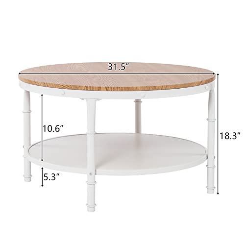 VINGLI 31.5" Natural White Round Farmhouse Coffee Table, 2-Tier Storage Wood Center Circle Accent Table for Living Room, Bedroom, Apartment, Studio and Small Spaces, Sturdy Metal Frame, Natural Color