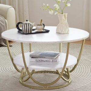 elephance round coffee table, 31.5 inch modern coffee table for living room, white and gold coffee table with storage, wooden tabletop-marble white print with gold frame