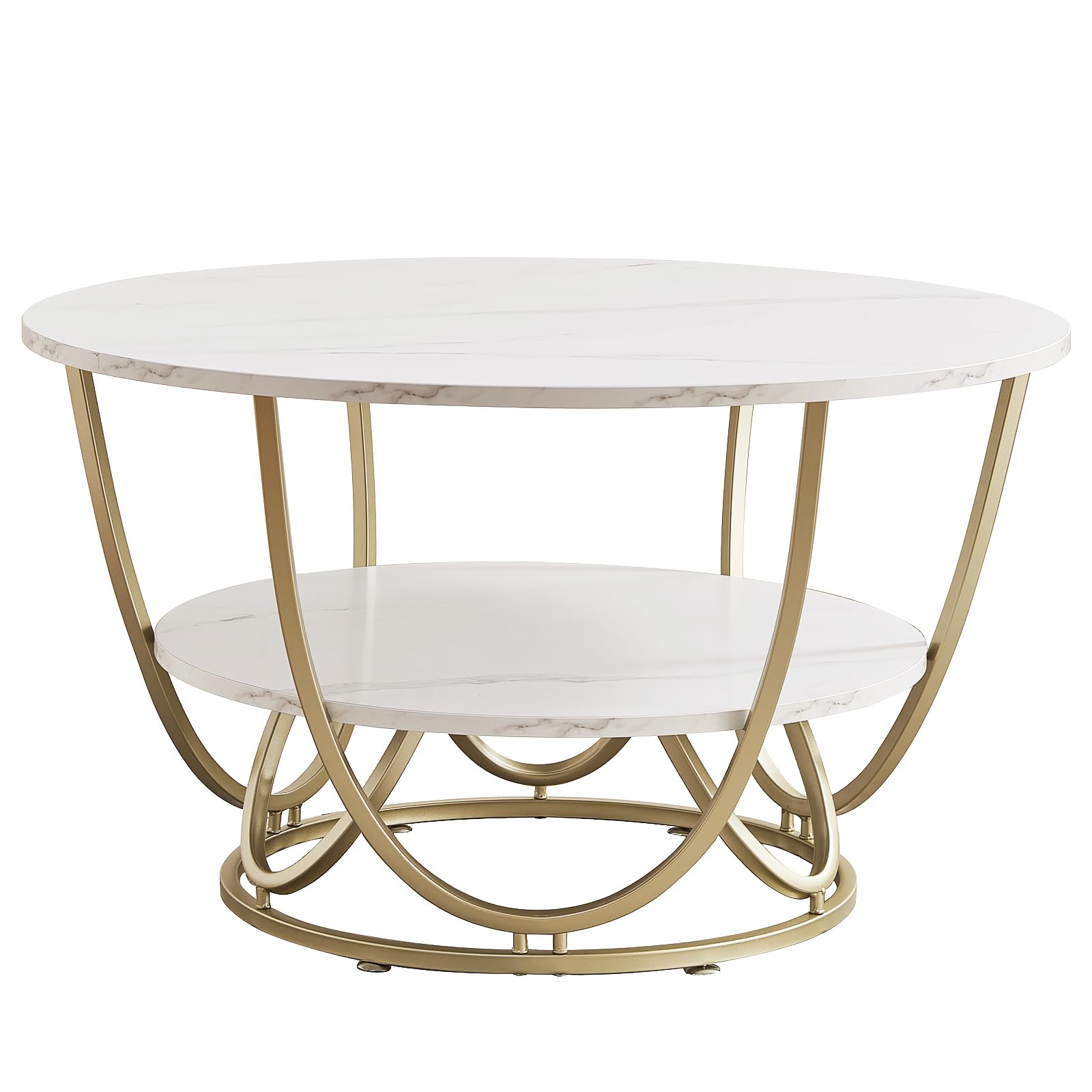 Elephance Round Coffee Table, 31.5 Inch Modern Coffee Table for Living Room, White and Gold Coffee Table with Storage, Wooden Tabletop-Marble White Print with Gold Frame