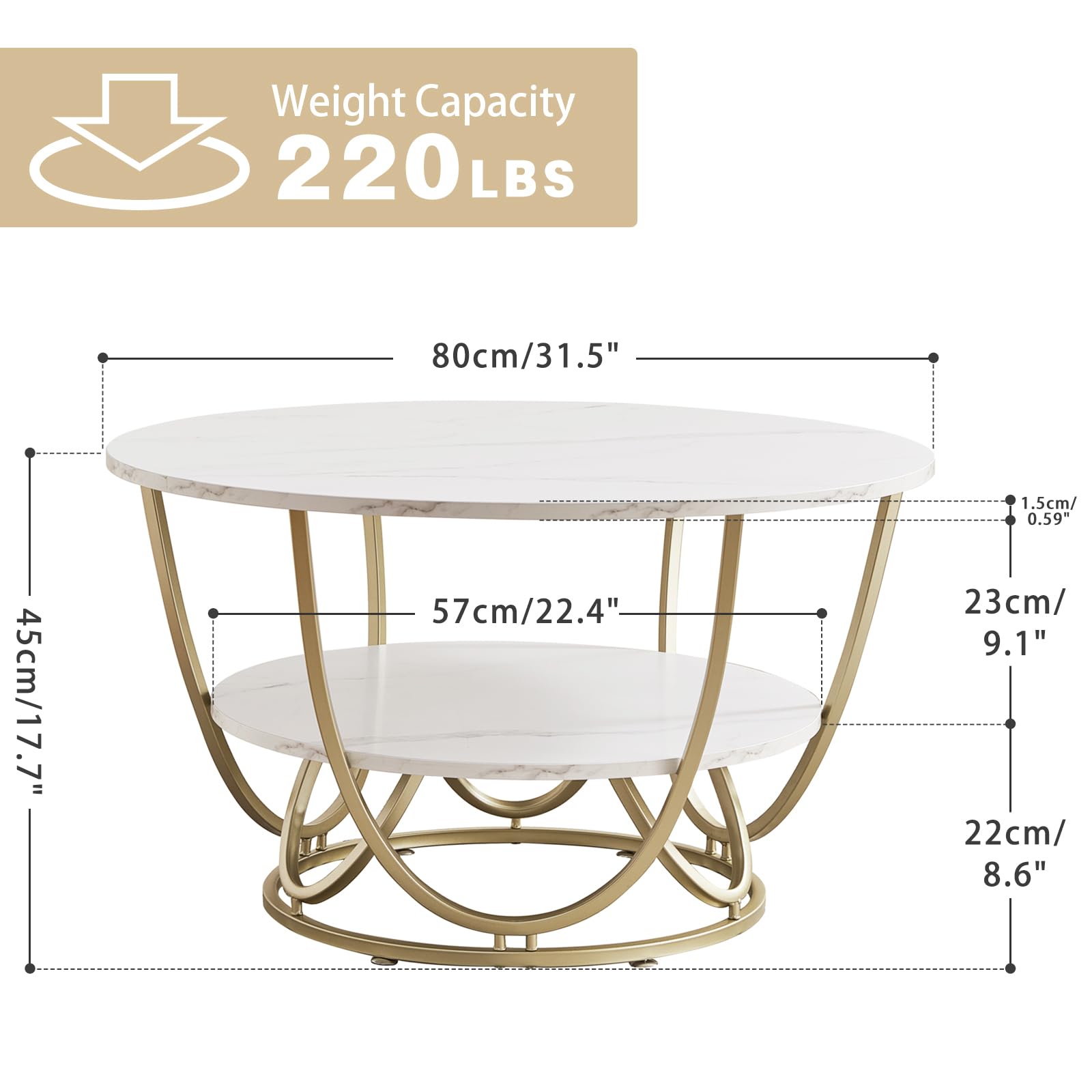 Elephance Round Coffee Table, 31.5 Inch Modern Coffee Table for Living Room, White and Gold Coffee Table with Storage, Wooden Tabletop-Marble White Print with Gold Frame