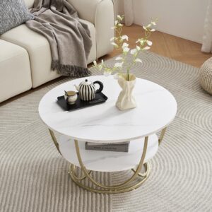 Elephance Round Coffee Table, 31.5 Inch Modern Coffee Table for Living Room, White and Gold Coffee Table with Storage, Wooden Tabletop-Marble White Print with Gold Frame