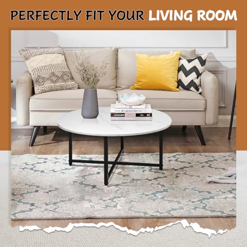 TOYSINTHEBOX Round Coffee Table Modern Coffee Table Sofa Table Tea Table for Living Room, Office Desk, Balcony, Wood Desktop and Metal Legs, White Marble, 31.5"