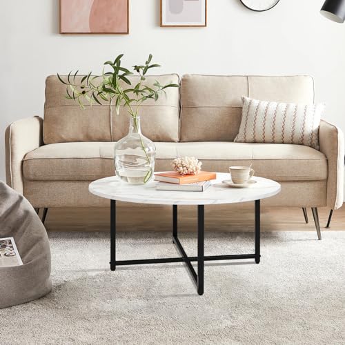 TOYSINTHEBOX Round Coffee Table Modern Coffee Table Sofa Table Tea Table for Living Room, Office Desk, Balcony, Wood Desktop and Metal Legs, White Marble, 31.5"