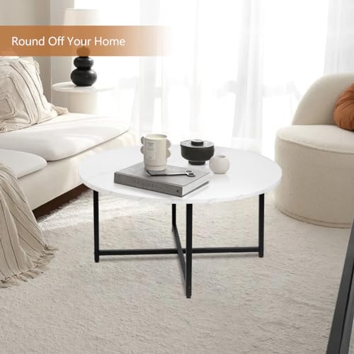 TOYSINTHEBOX Round Coffee Table Modern Coffee Table Sofa Table Tea Table for Living Room, Office Desk, Balcony, Wood Desktop and Metal Legs, White Marble, 31.5"