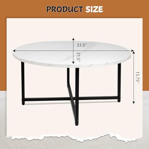 TOYSINTHEBOX Round Coffee Table Modern Coffee Table Sofa Table Tea Table for Living Room, Office Desk, Balcony, Wood Desktop and Metal Legs, White Marble, 31.5"