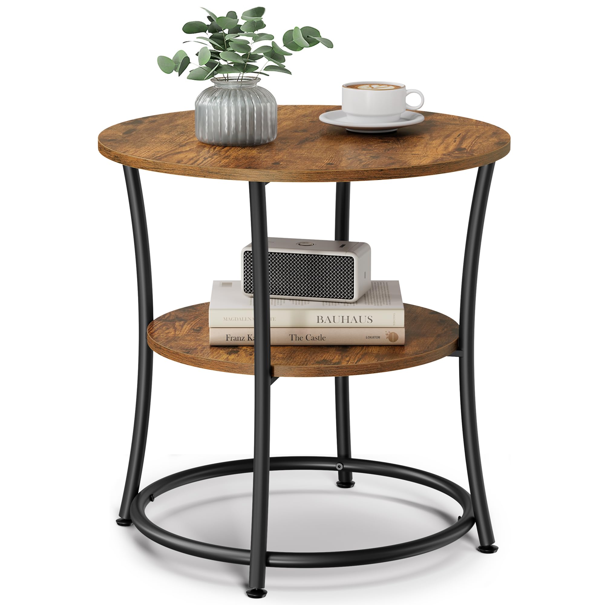 VASAGLE Side Table, Round End Table with 2 Shelves for Living Room, Bedroom, Nightstand with Steel Frame for Small Spaces, Outdoor Accent Coffee Table, Rustic Brown and Ink Black