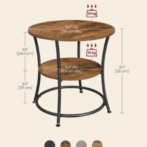 VASAGLE Side Table, Round End Table with 2 Shelves for Living Room, Bedroom, Nightstand with Steel Frame for Small Spaces, Outdoor Accent Coffee Table, Rustic Brown and Ink Black