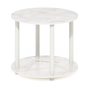 furinno turn-n-tube simple design 2-tier round wooden small coffee table, marble white