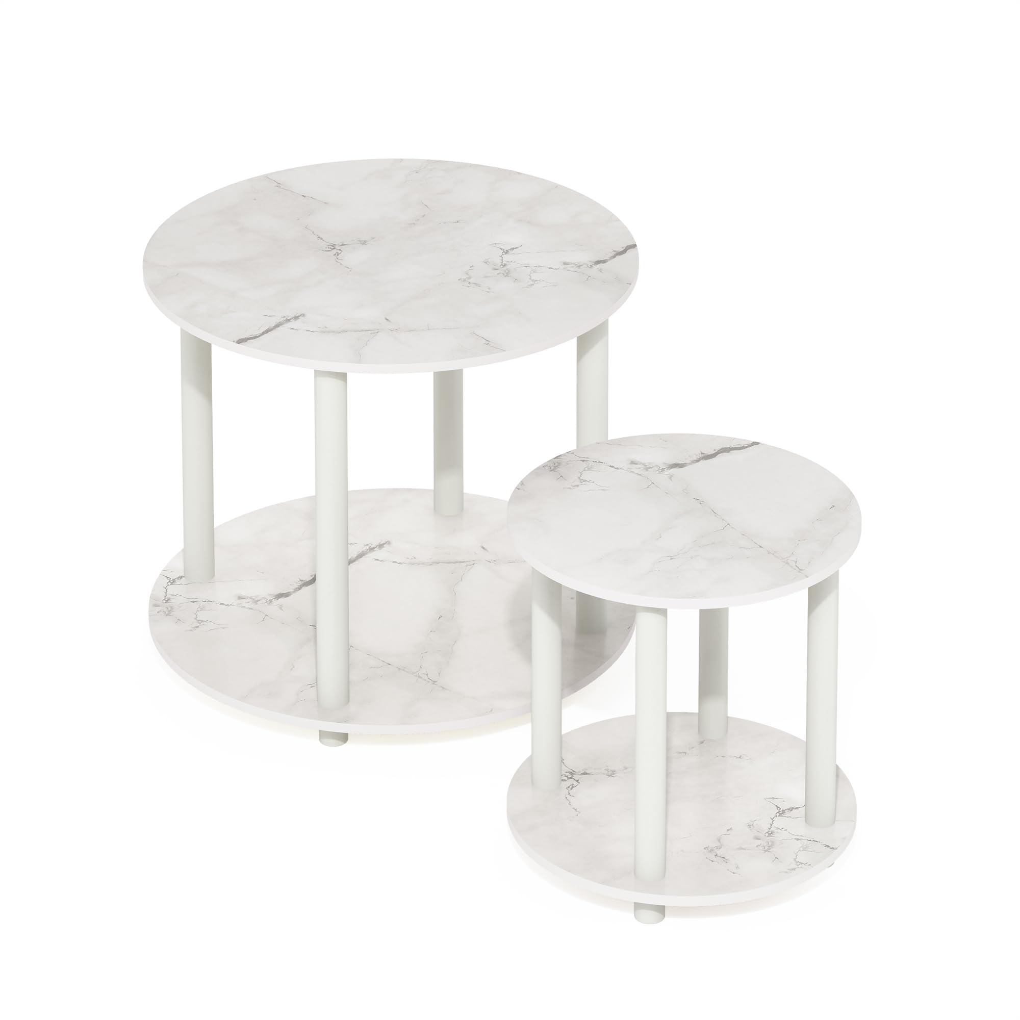 Furinno Turn-N-Tube Simple Design 2-Tier Round Wooden Small Coffee Table, Marble White