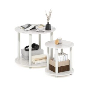 Furinno Turn-N-Tube Simple Design 2-Tier Round Wooden Small Coffee Table, Marble White