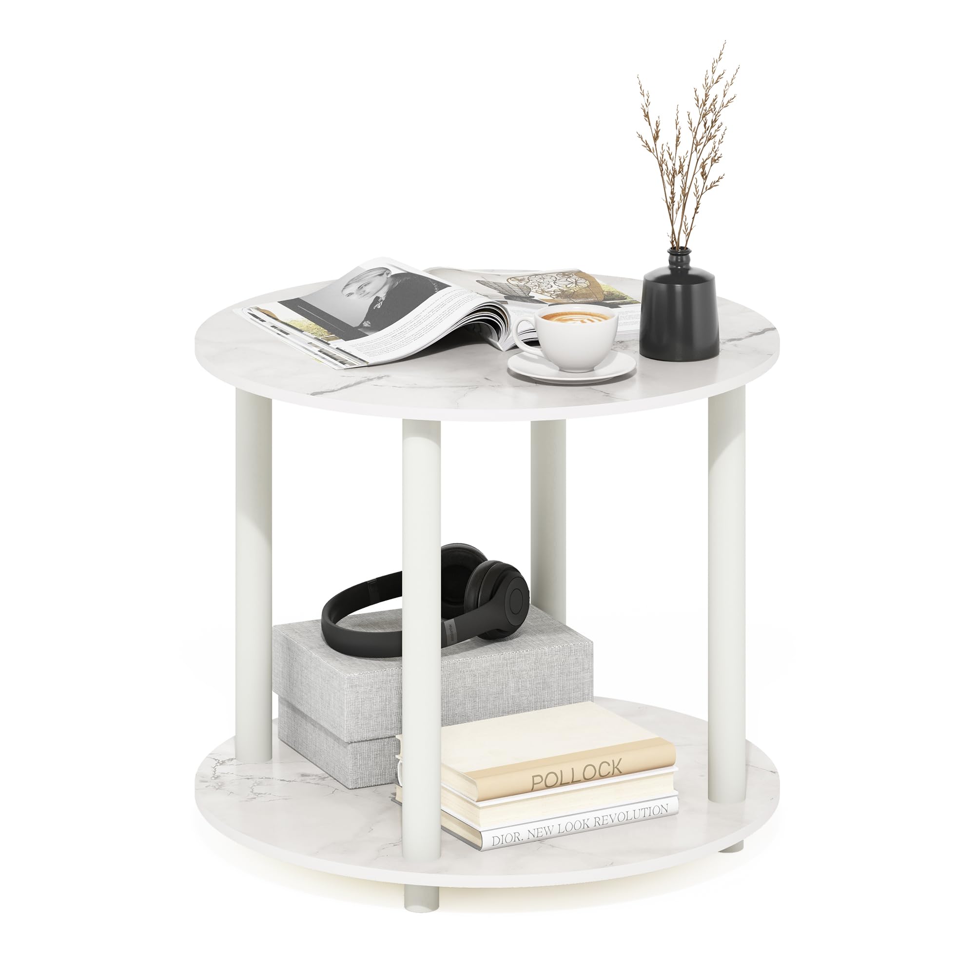 Furinno Turn-N-Tube Simple Design 2-Tier Round Wooden Small Coffee Table, Marble White