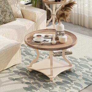 cozayh round farmhouse coffee table with handmade finishes, wood tray top rustic coffee table for added thickness, accent table with storage for living,white 32“x32”x20“