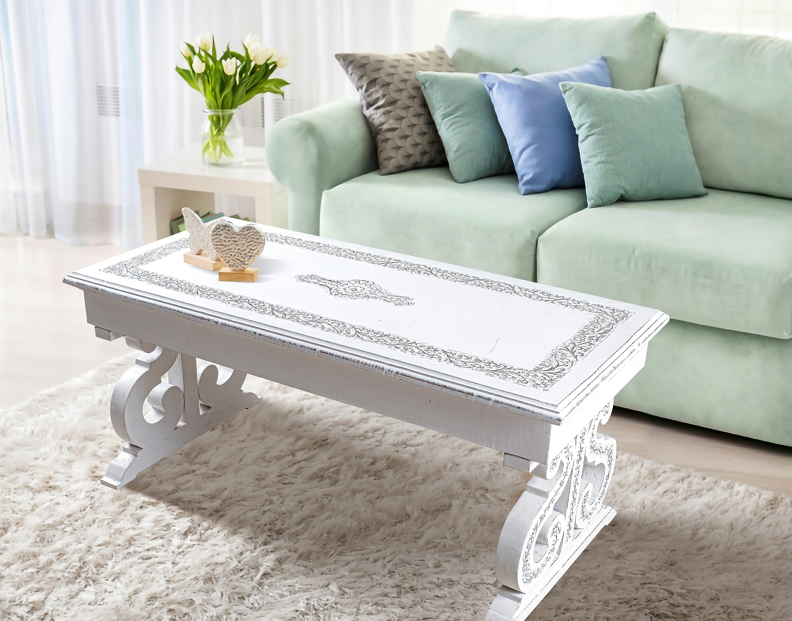 White Coffee Table,Wood Coffee Tables for Living room,Living room Centre Table,Wooden Coffee Table -Mango wood,Rectangular Wooden coffee Table,Tea Table,Wood Accent Table- 40x18 Inch Antique White