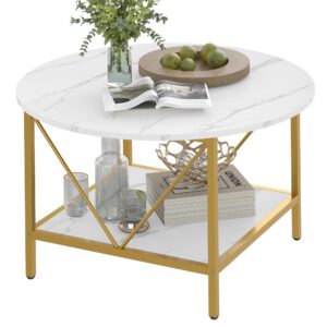 yusong round coffee table for living room, farmhouse circle coffee table with storage shelf, 2-tier modern center table with white faux wooden tabletop, gold metal frame