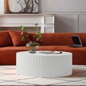 JURMALYN Modern Coffee Table White Round Wooden Drum Coffee Tables Oversize Circle Side Tables Accent End Table Set for Living Room Apartment Mall (Matte White)