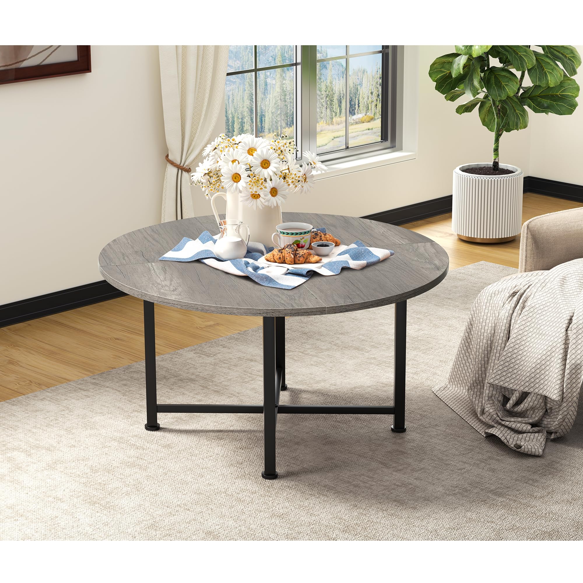 SENIG Round Coffee Table, 2-Tier Coffee Table with Storage Shelf for Living Room, Center Table for Small Spaces, White Oak