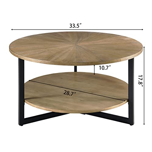 33.5" Round Coffee Table with 2-Tier Storage, Farmhouse Living Room Cocktail Table with Black Metal Leg, Solid Wood Industrial Sofa Center Table,Easy Assembly, Rustic Natural KFZ1338