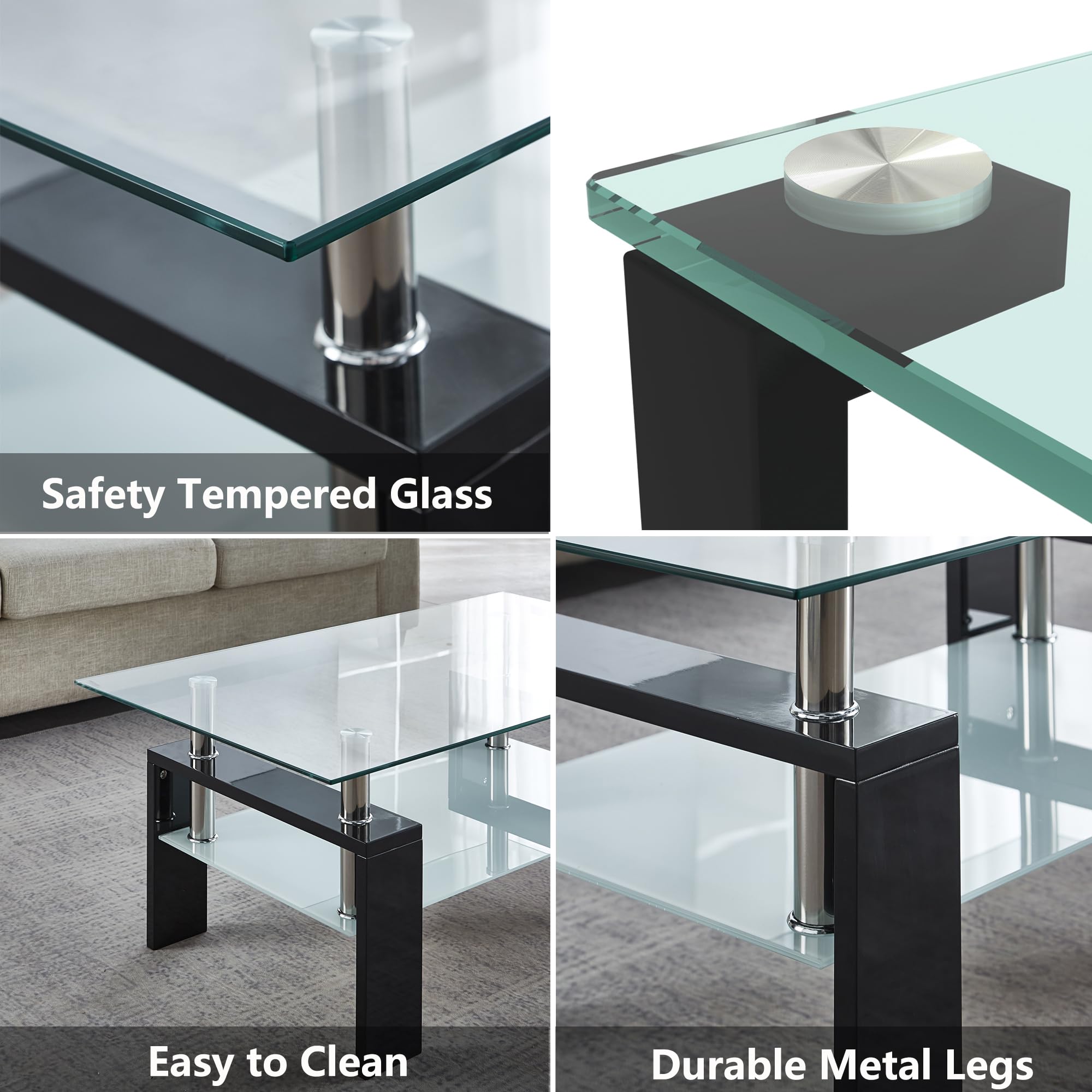 Glass Coffee Table End Table Sets of 3 for Living Room, Mordern Sofa Side Tables with Storage, Corner Table with Black Metal Leg, Rectangle Tempered Center Table Home Furniture Set