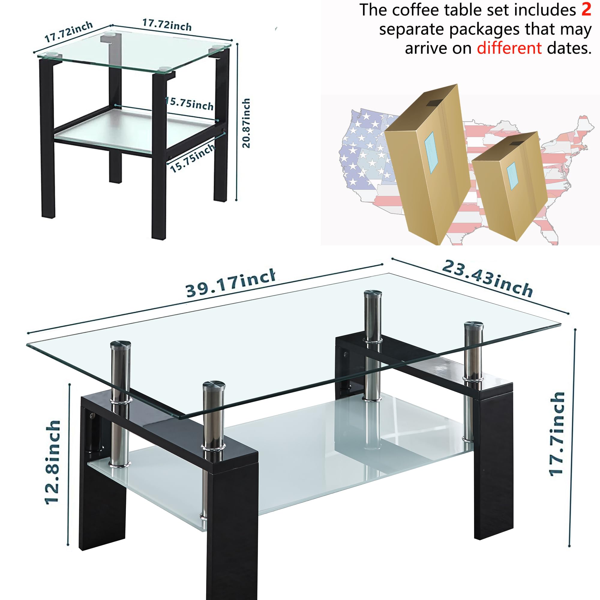 Glass Coffee Table End Table Sets of 3 for Living Room, Mordern Sofa Side Tables with Storage, Corner Table with Black Metal Leg, Rectangle Tempered Center Table Home Furniture Set