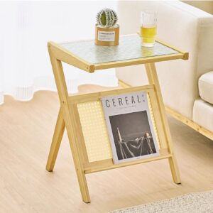 rêvelife bamboo end table with magazine rack glass-top sofa side table accent bedside nightstand boho z shaped coffee table for bedroom living room small space, natural