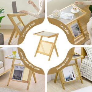 RêveLife Bamboo End Table with Magazine Rack Glass-top Sofa Side Table Accent Bedside Nightstand Boho Z Shaped Coffee Table for Bedroom Living Room Small Space, Natural