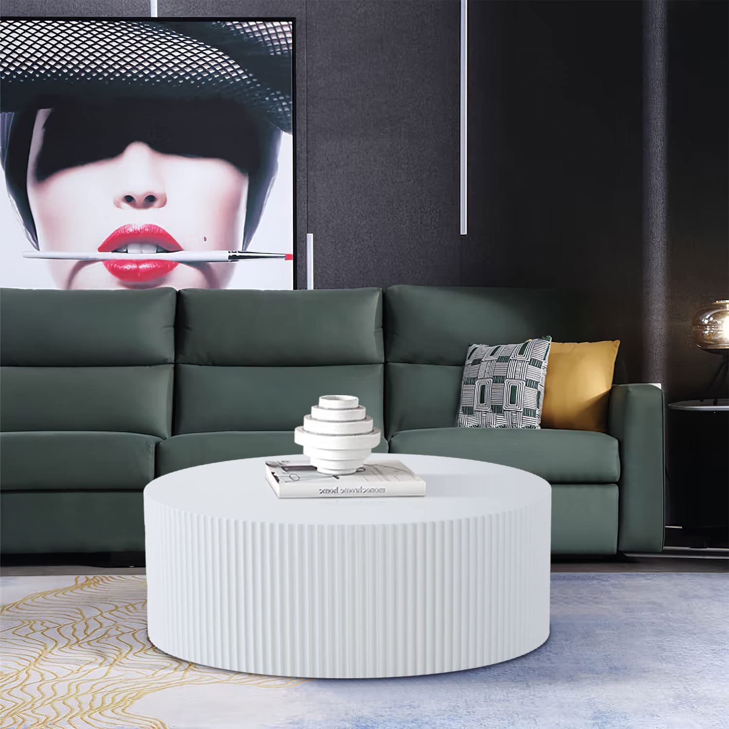 BSYEIO White Round Drum Coffee Table Modern Large Round Coffee Table Wood Side Table for Living Room Office Apartment