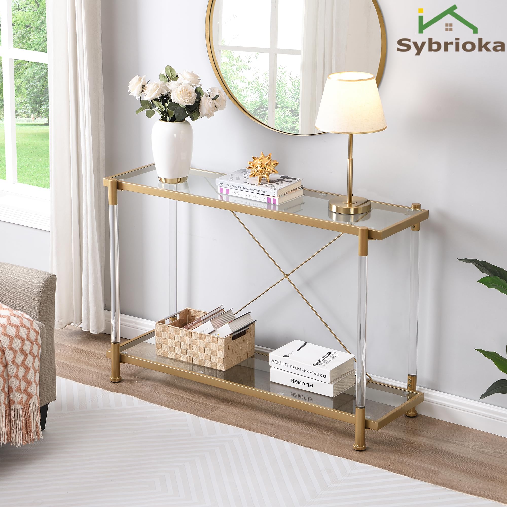 Sybrioka Glass Console Tables for Entryway Living Room, Acrylic Gold Sofa Side Table Metal Leg, Long Narrow Entryway Table with Storage for Small Space Hallway(Golden, Entryway Table)