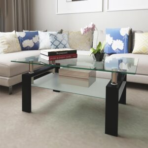 Kennkari Coffee Table with Storage, Table for Living Room, Modern Glass Coffee Table, Rectangular Coffee Table for Home Living Room, Clear Coffee Table, Easy Assembly (Transparent+Black)